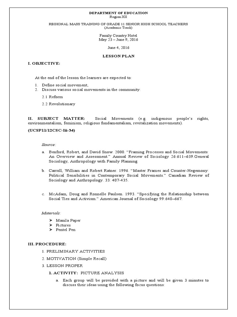 Lesson Plan I. Objective:: Source | PDF | Social Movements | Question