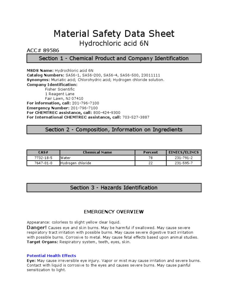 Material Safety Data Sheet: Hydrochloric Acid 6N | PDF | Hazardous ...
