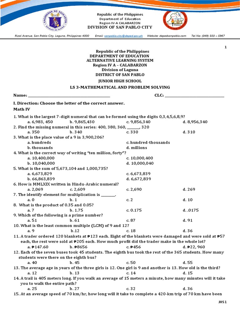 LS3 Problem Solving Practice Test | PDF | Elementary Mathematics ...