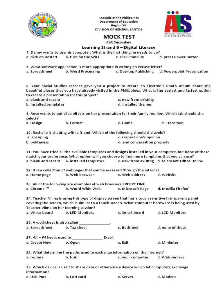 Mock Test: Learning Strand 6 - Digital Literacy | PDF | World Wide Web ...