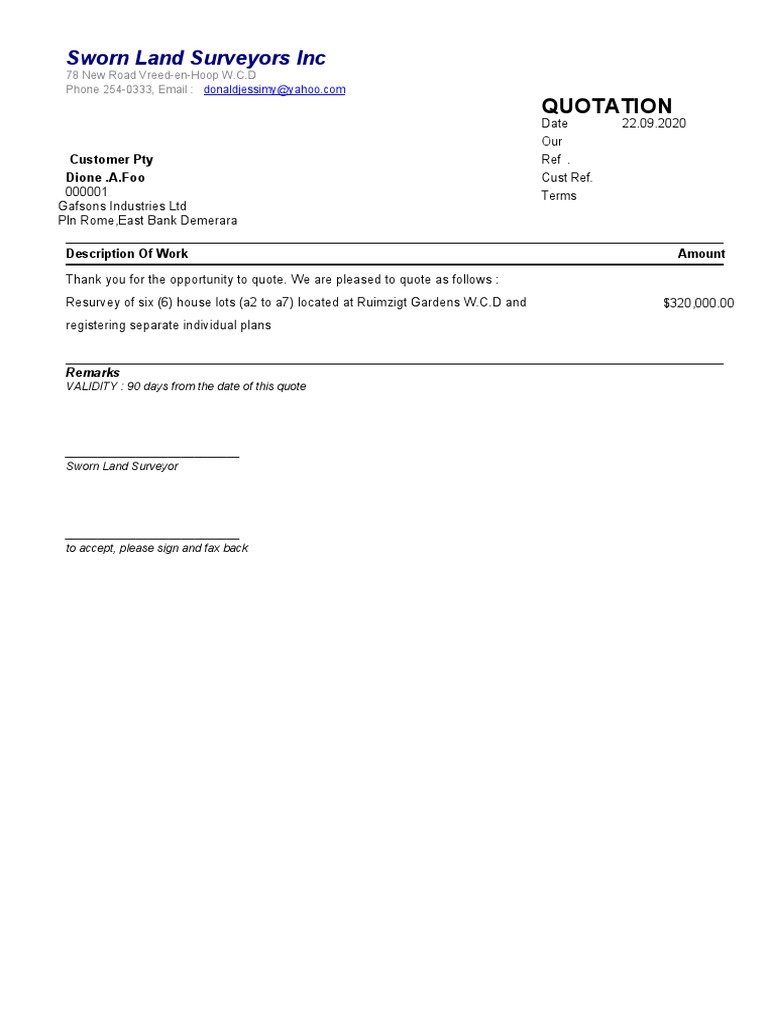 Sworn Land Surveyors Inc: Quotation | PDF