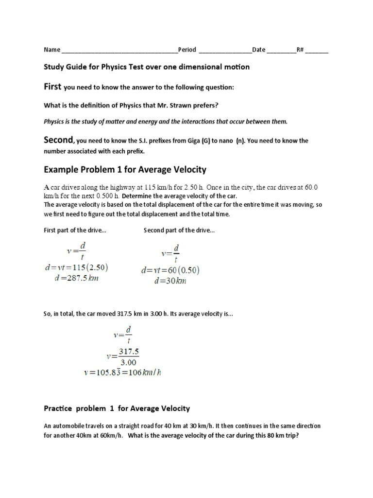 Study Guide Chapter 2 08 21 12V4 | PDF | Velocity | Acceleration