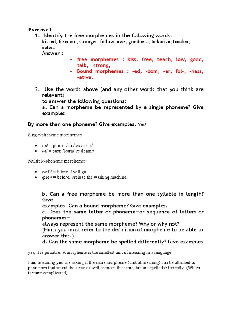 Exercise 1 1 Identify The Free Morphemes | PDF | English Language | Word