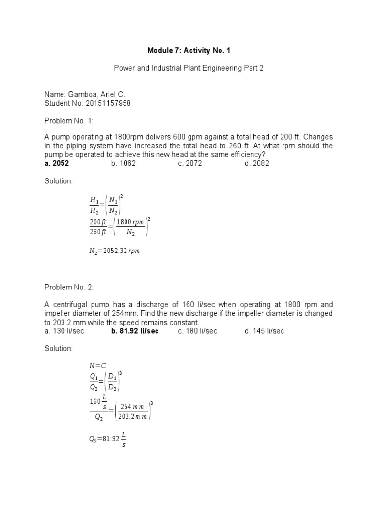 Module 7 Exercises Problem No. 1 | PDF | Hydraulics | Pump