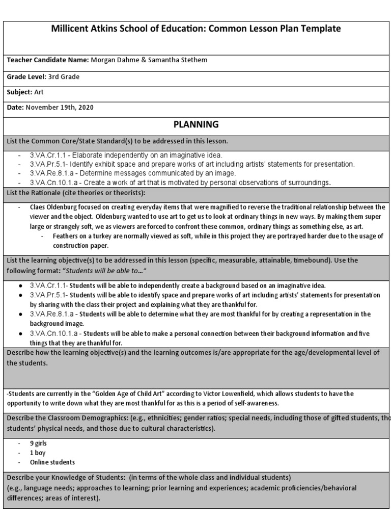 Millicent Atkins School of Education: Common Lesson Plan Template | PDF ...
