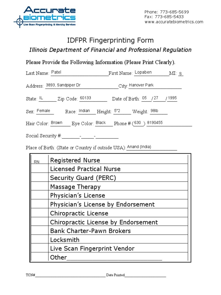 IDFPR Fingerprinting Form for Lopaben Patel Seeking Registered Nurse ...
