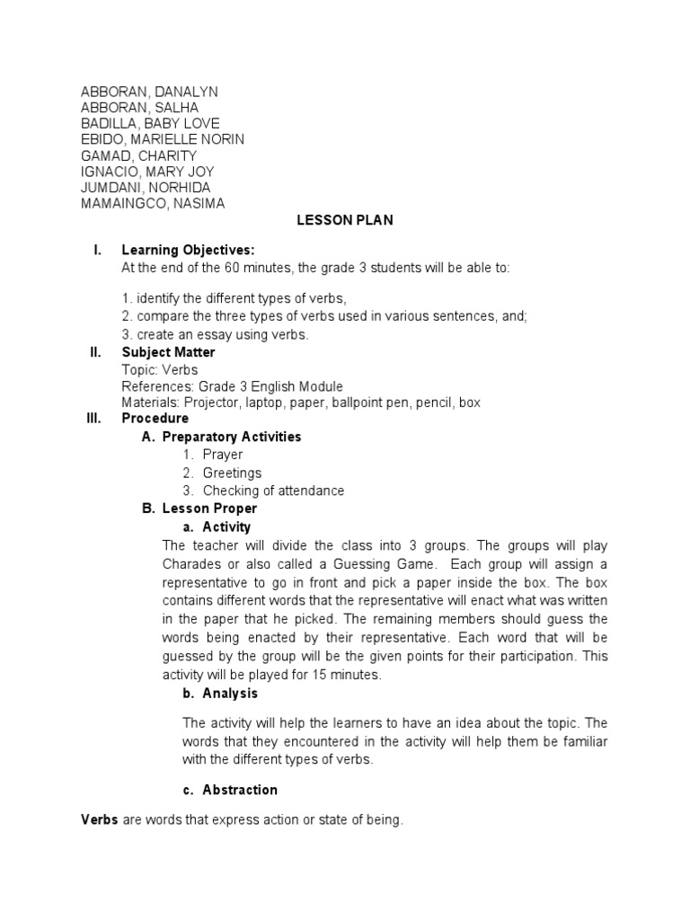 Lesson Plan I. Learning Objectives | PDF | Verb | Subject (Grammar)