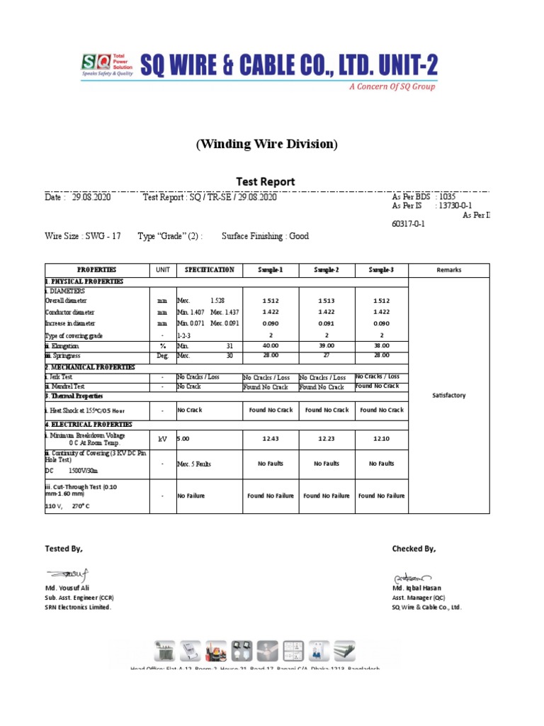 Wire Test Report: Physical & Electrical Properties | PDF | Electricity ...