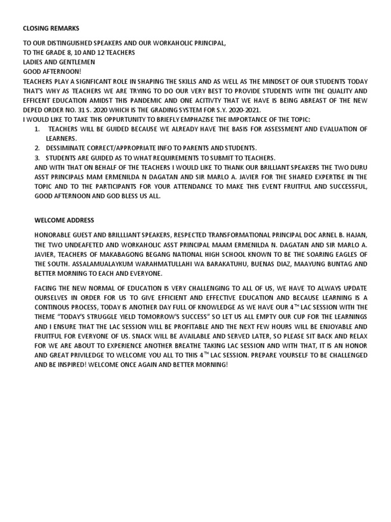 Closing Remarks | PDF | Behavior Modification | Learning