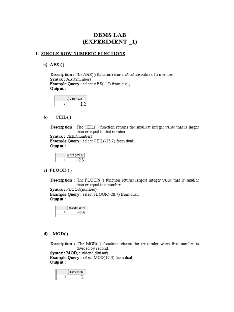 Dbms Lab Experiment 1 1 Single Row Numeric Functions A Abs Download Free Pdf String