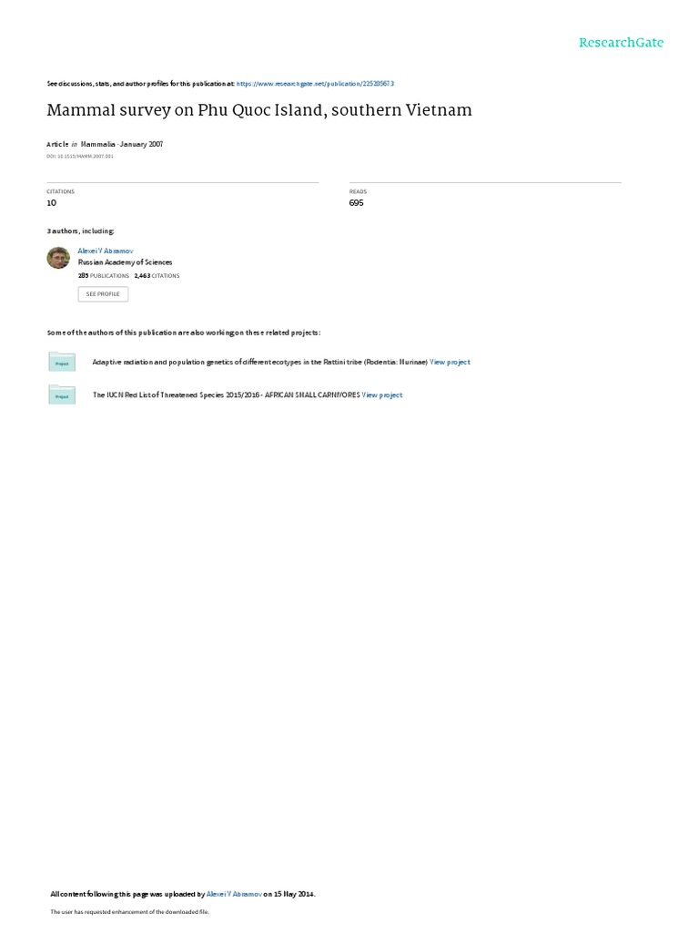 Mammal Survey On Phu Quoc Island, Southern Vietnam: Mammalia January ...