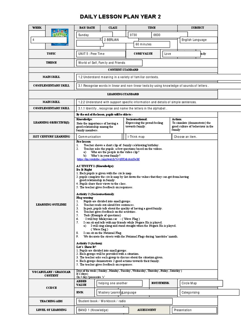 Daily Lesson Plan Year 2: Knowledge: Socioemotional: Action | Download ...