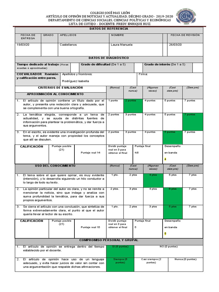 Lista Cotejo - Artículos de opinión 10° | PDF | Cognición | Science