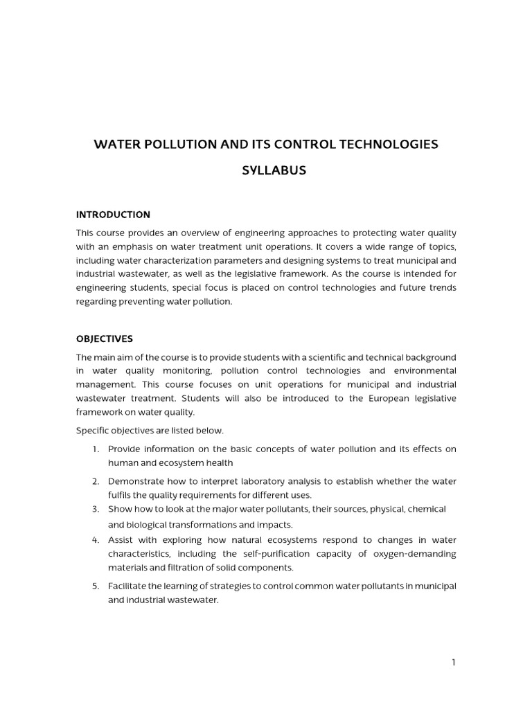 Water Pollution and Its Control Technologies Syllabus | PDF | Water ...