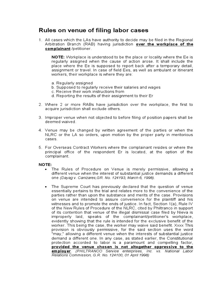 Rules On Venue of Filing Labor Cases: Complainant /petitioner ...