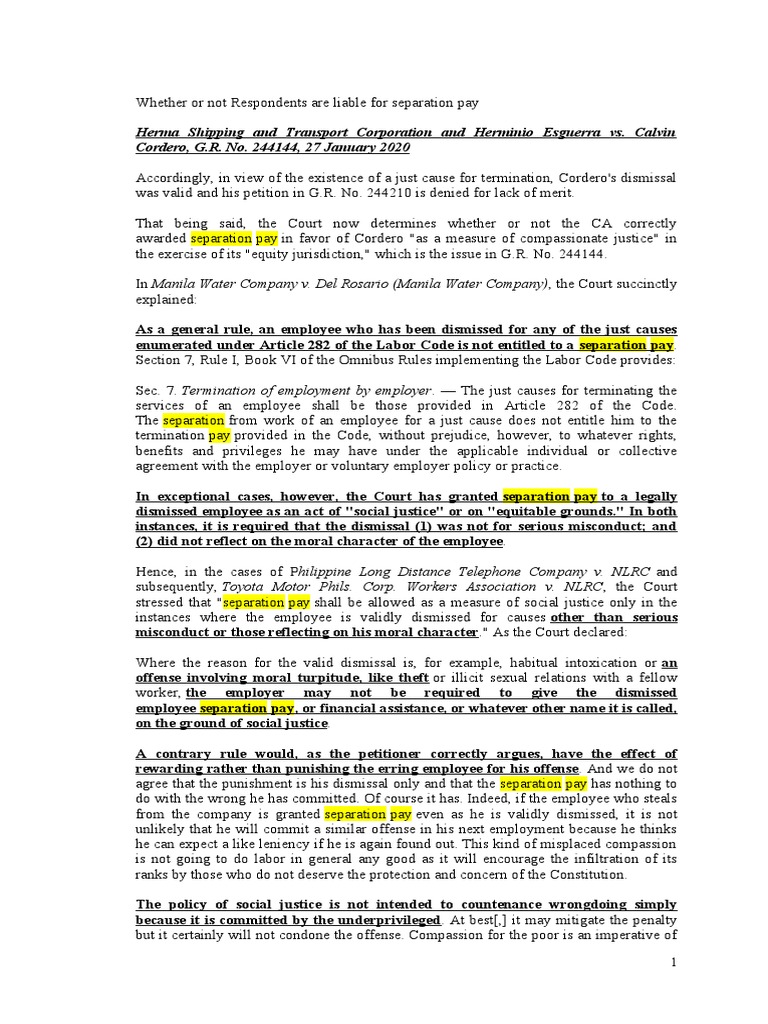 Separation Pay Denied for Just Cause Dismissal | PDF | Equity (Law ...
