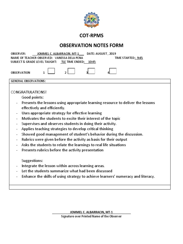 COT-1st - 4th ROUND (RATING SHEET) GRADE 7 2019-2020 | PDF | Lesson ...