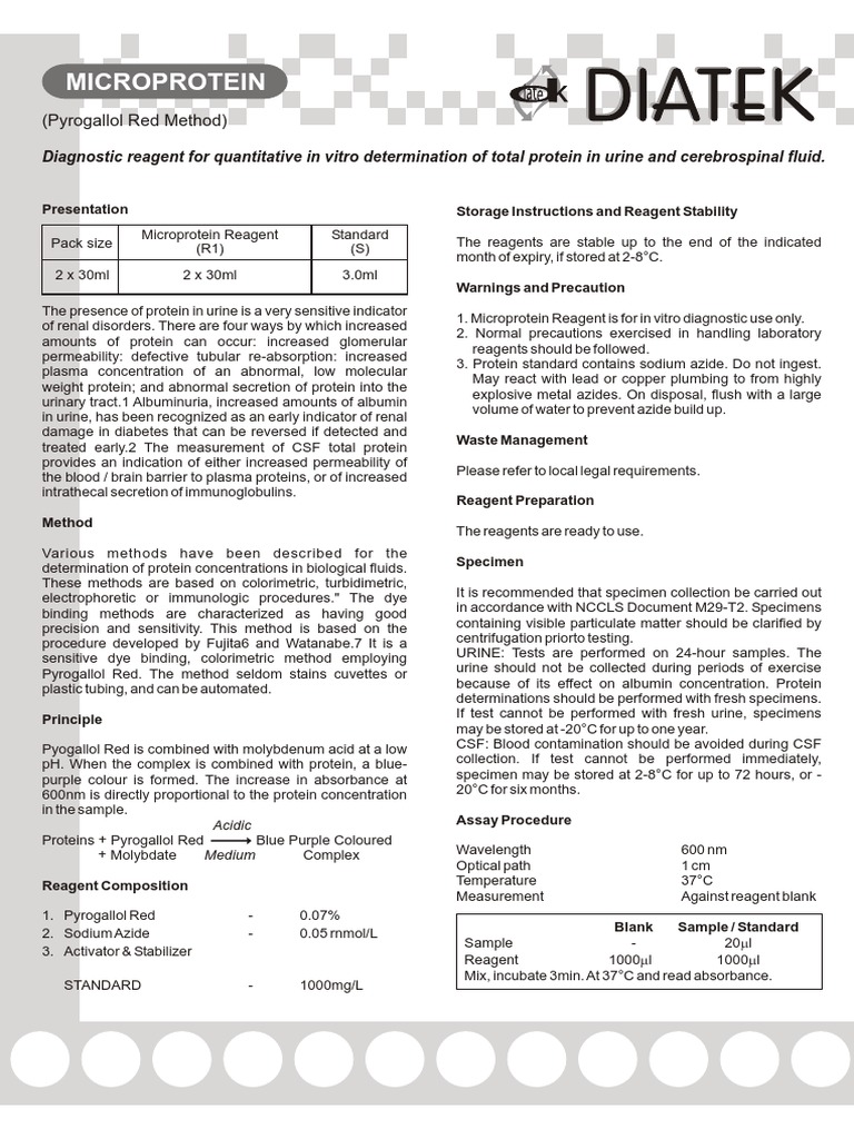 Microprotein: (Pyrogallol Red Method) | PDF | Cerebrospinal Fluid ...