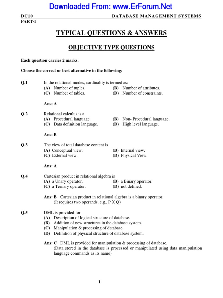 DBMS 150+ SOlved MCQs (WWW - ErForum.Net) | PDF | Databases | Relational Database