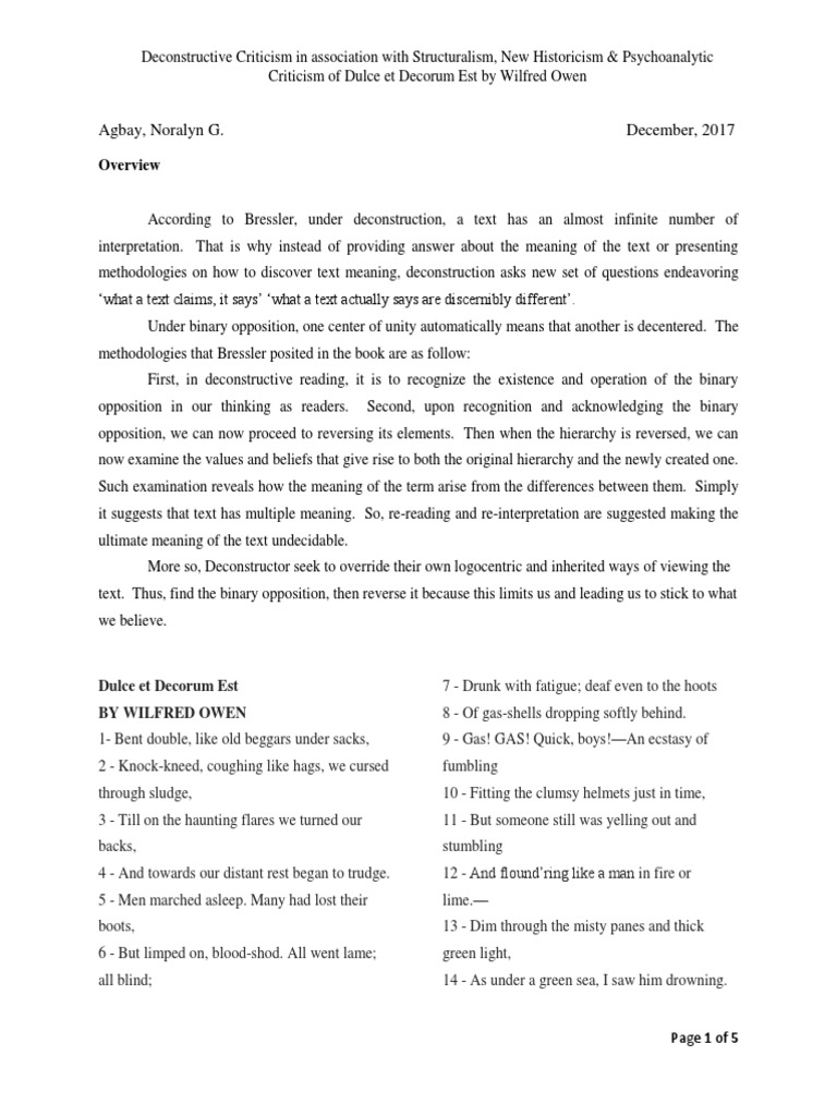 Literary Criticism - Dulce Et Decorum Est by Wilfred Owen | PDF ...