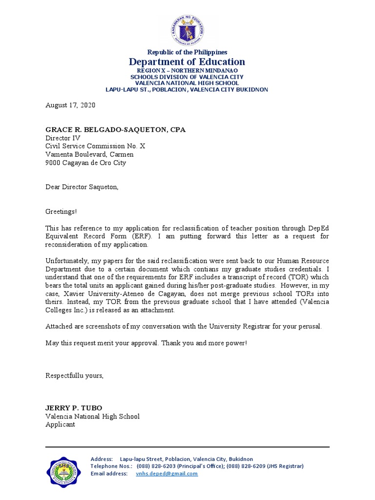 Teacher Reclassification Request Letter | PDF | Career & Growth