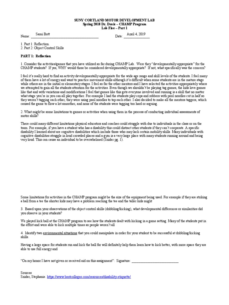 Suny Cortland Motor Development Lab5 | PDF | Disability | Cognitive Science