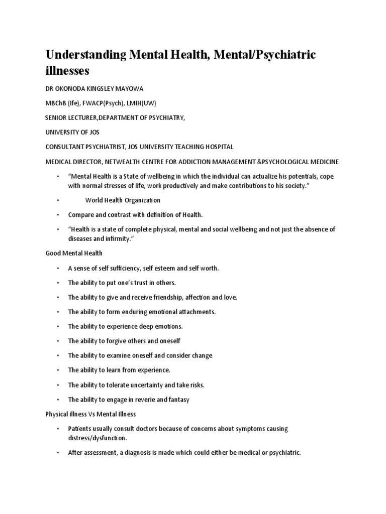 Understanding Mental Health and Illness | PDF | Psychopathology ...