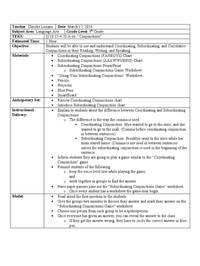 Subordinating Conjunction Lesson Plan | PDF | Comma | Linguistics