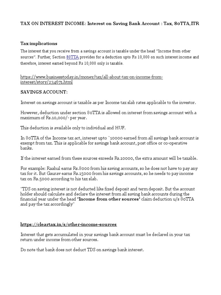 TAX ON INTEREST INCOME: Interest On Saving Bank Account: Tax, 80TTA ...