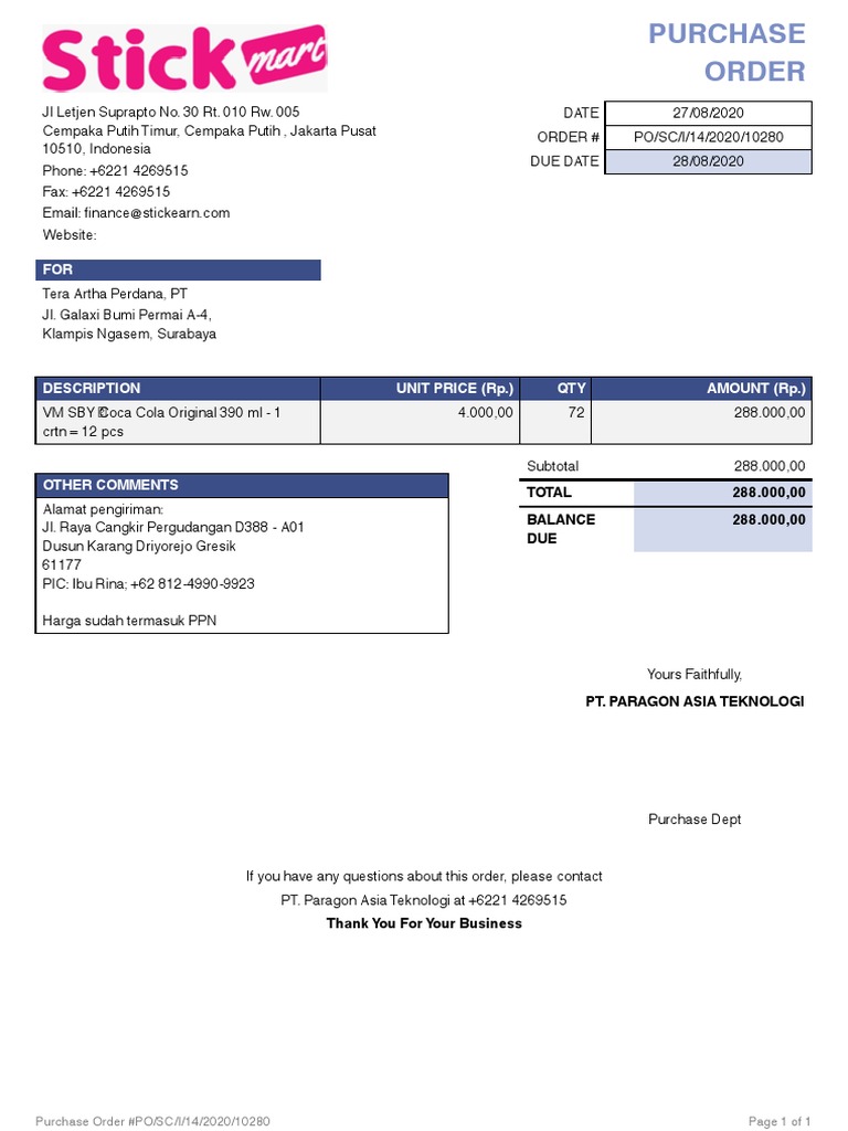 Order for 72 Cases of Coca Cola Original 390ml Bottles from PT Tera ...