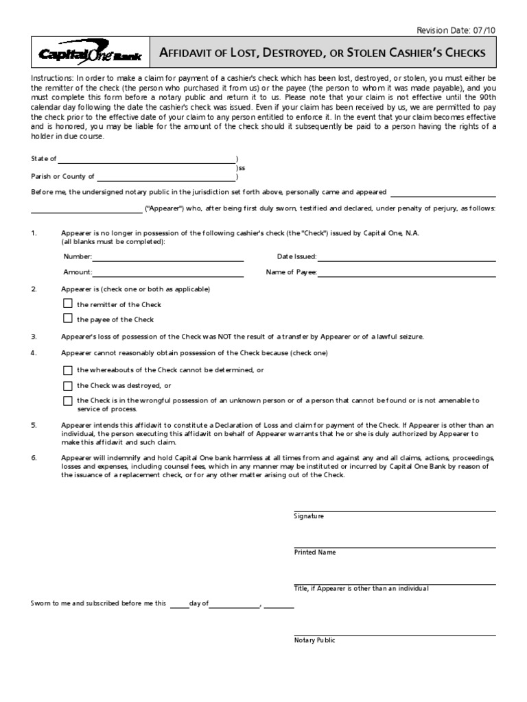 Affidavit of Lost Destroyed or Stolen Cashiers Check PDF | PDF | Cheque ...