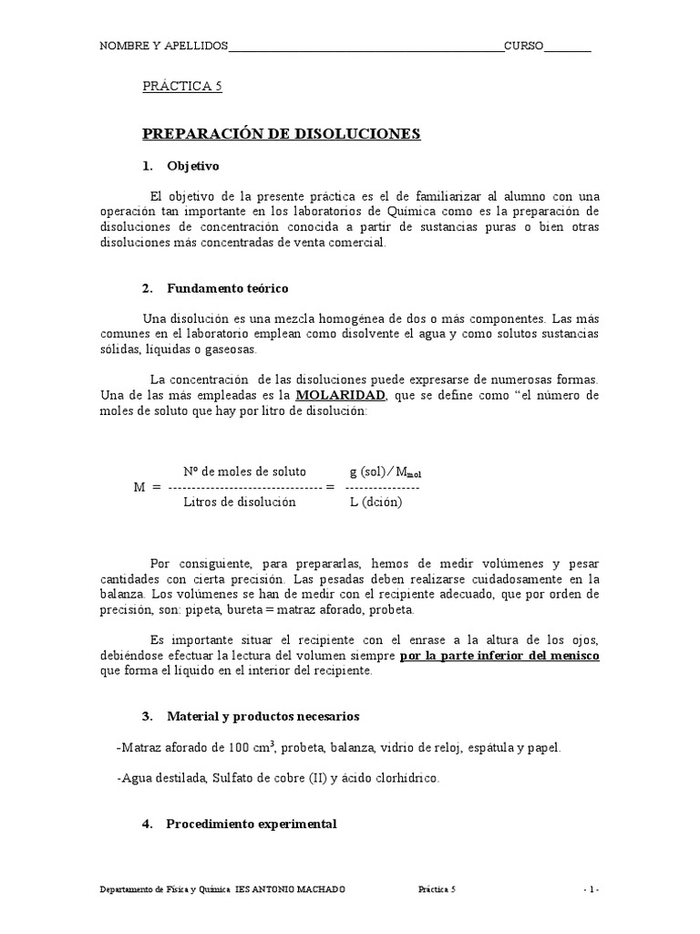 Practica-5 Preparacion de Disoluciones | PDF | Concentración | Sustancias químicas