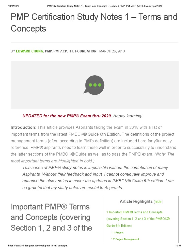 PMP Certification Study Notes 1 - Terms and Concepts - Updated PMP, PMI ...