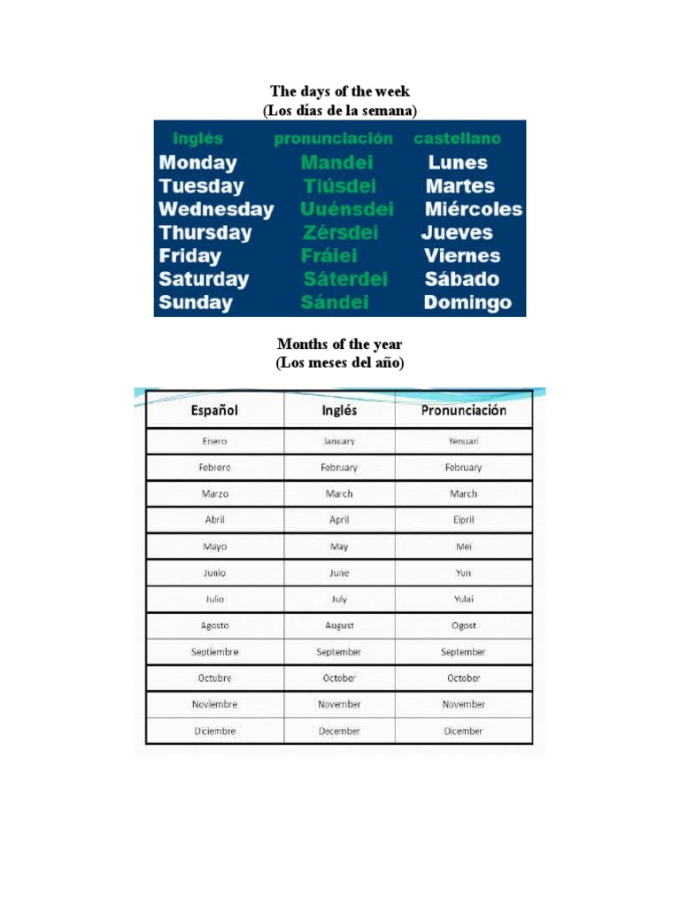Dias de La Semana y Meses Del Año en Ingles | PDF