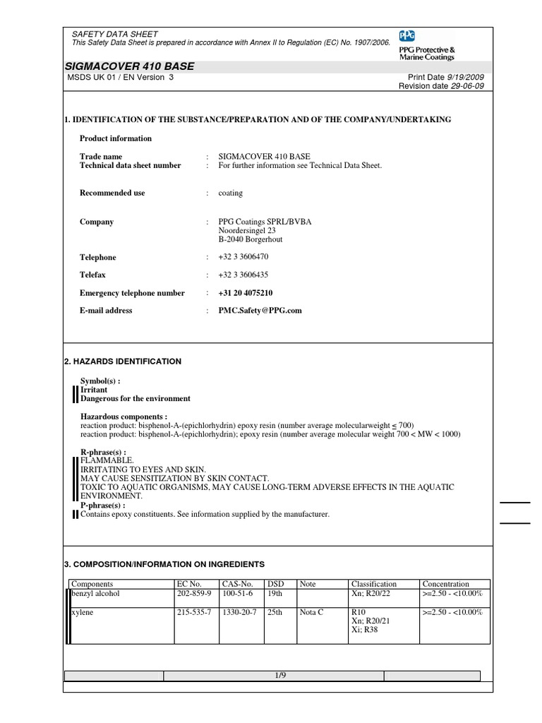 Msds SigmaCover 410 PDF | PDF | Toxicity | Personal Protective Equipment