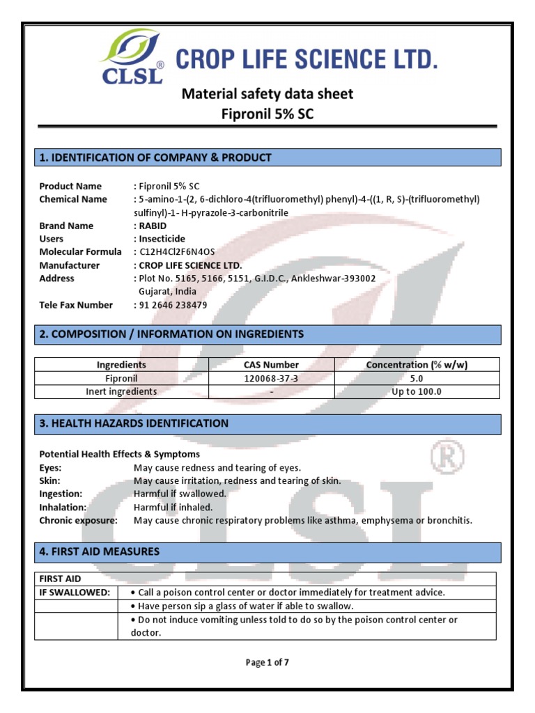 Material Safety Data Sheet Fipronil 5% SC: 1. Identification of Company ...