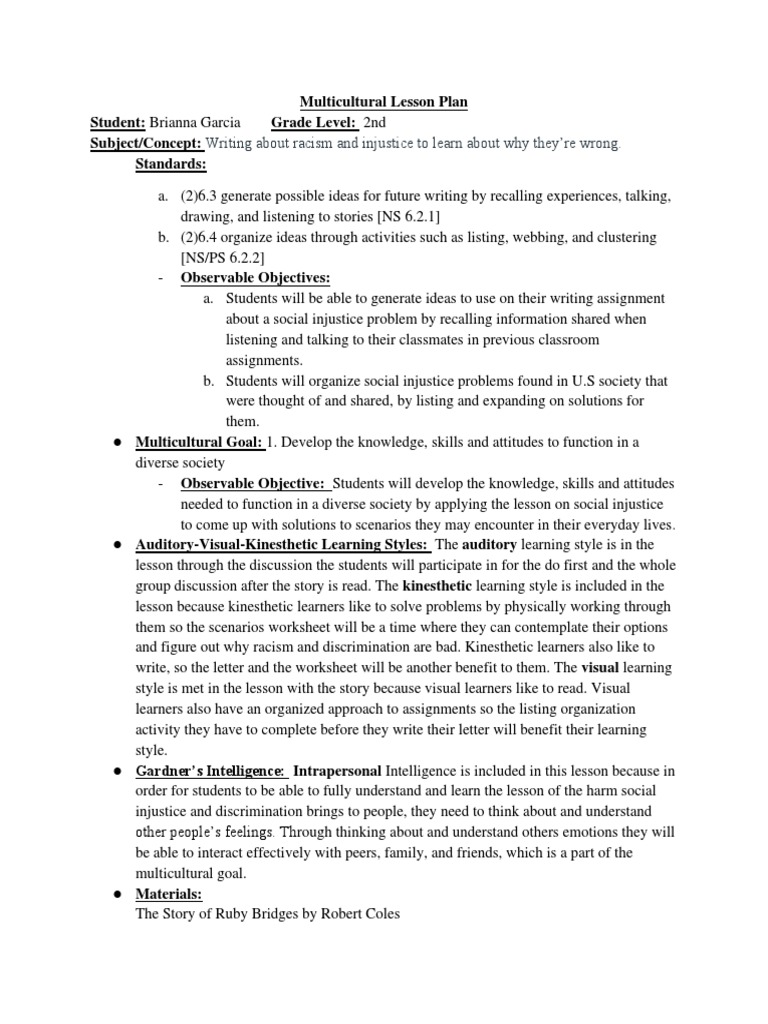 Edu 280 Multicultural Lesson Plan 1 2 | PDF | Lesson Plan | Learning Styles