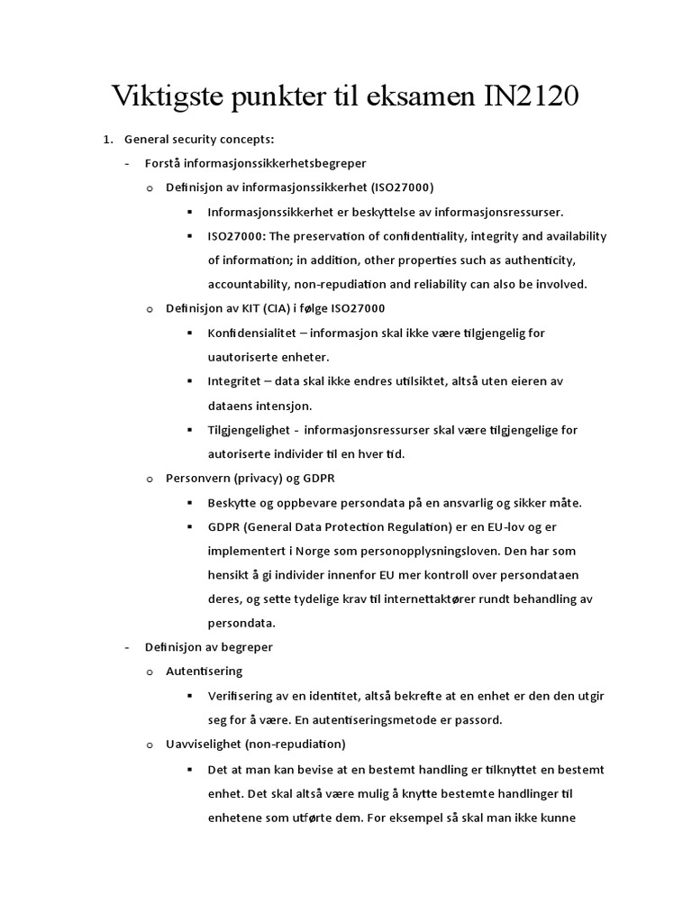 Viktigste Punkter Til Eksamen IN2120 | PDF