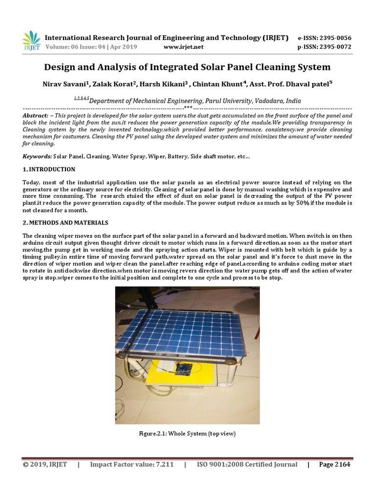Design and Analysis of Integrated Solar Panel Cleaning System | PDF ...