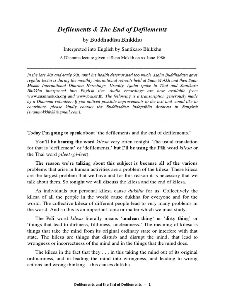 Defilements & The End of Defilements: by Buddhadāsa Bhikkhu | PDF ...