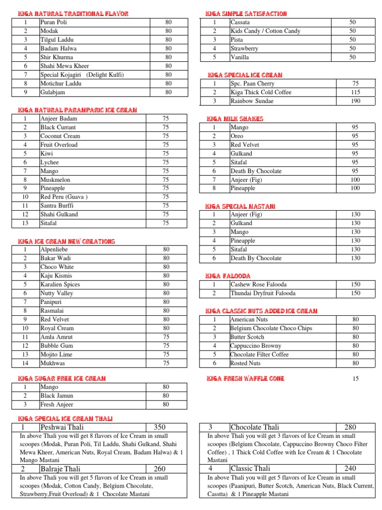 Kiga Ice Cream Menu and Prices | PDF | Ice Cream | Confectionery