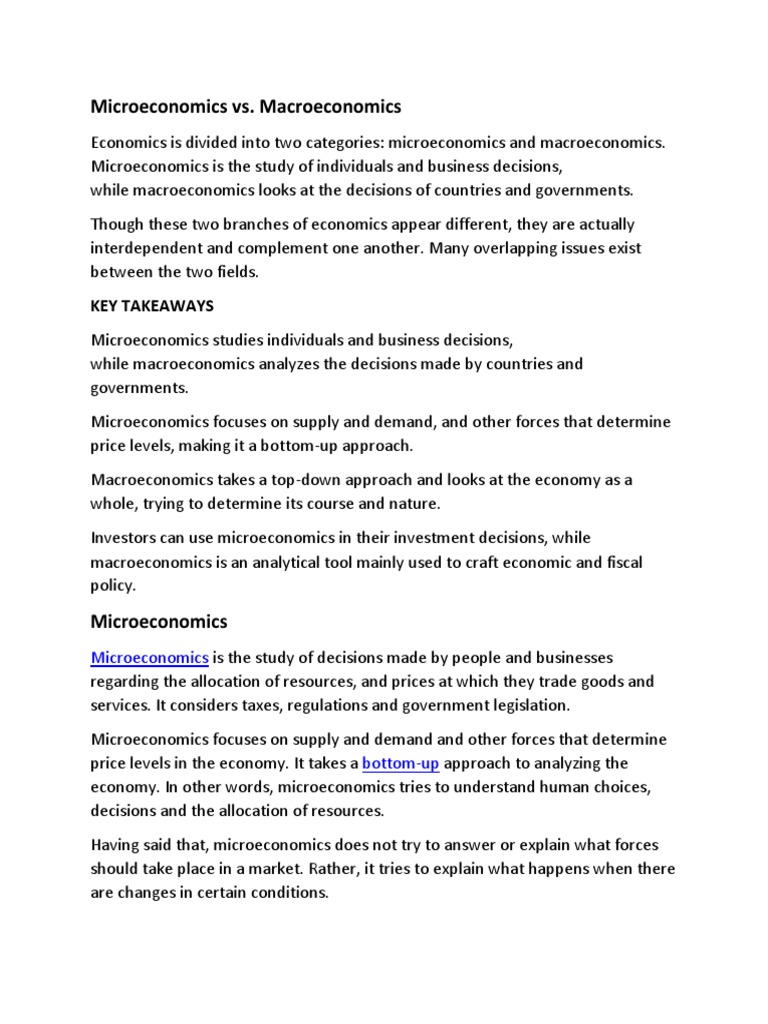 Microeconomics Vs Macroeconomics | PDF | Macroeconomics | Microeconomics