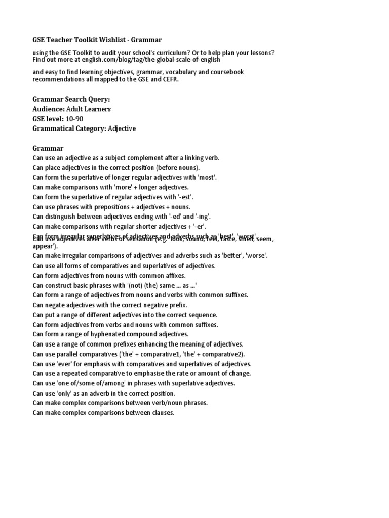 GSE Teacher Toolkit Wishlist - Grammar | PDF | Adjective | Adverb
