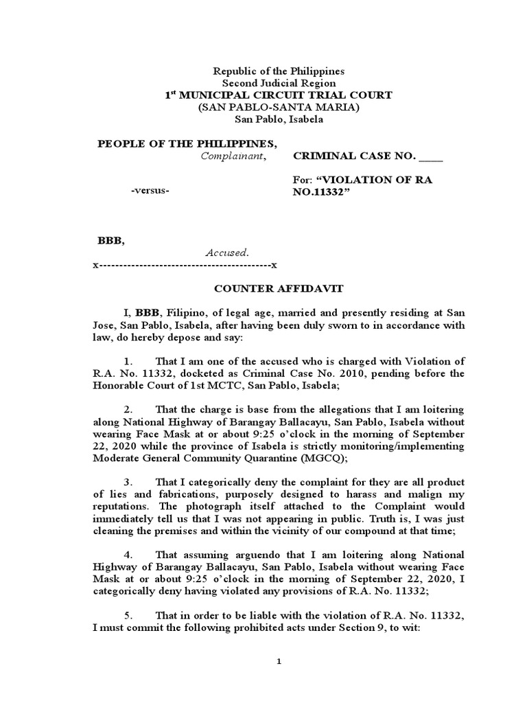 Counter-Affidavit-RA 11332 | PDF | Affidavit | Legal Procedure