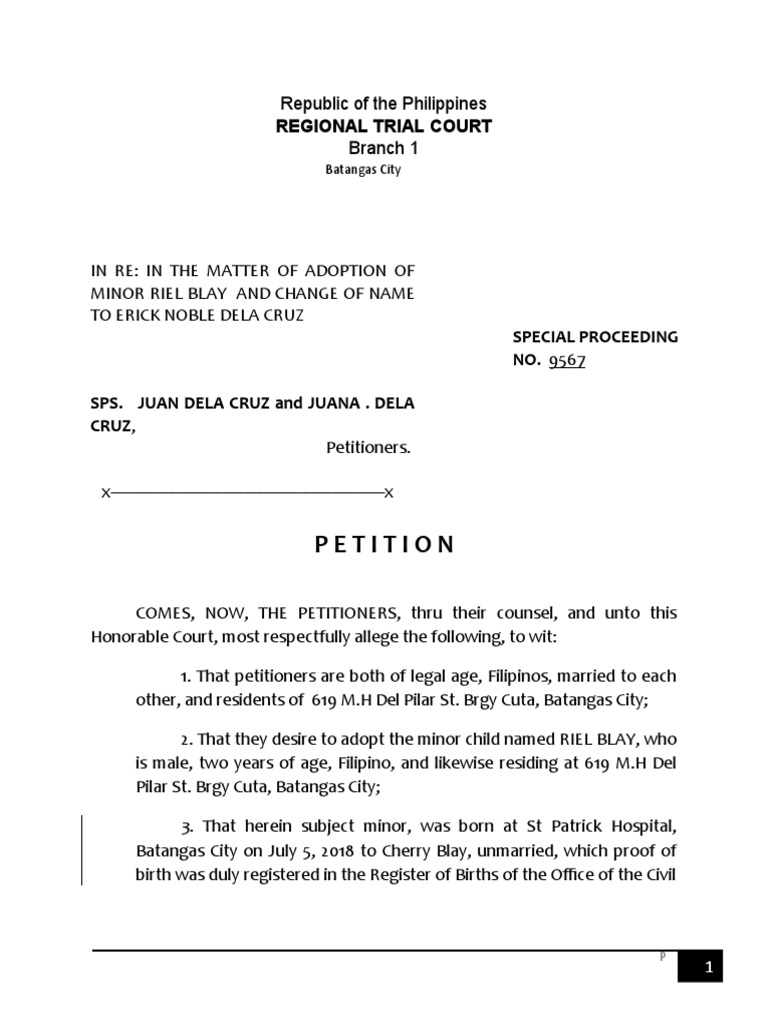 Sample Petition For Adoption | PDF | Mother | Affidavit