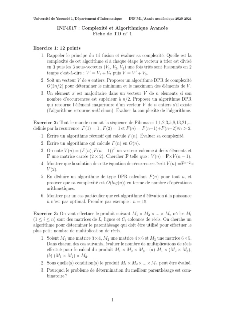 TDserie 1 | PDF | Théorie de la complexité (informatique théorique) | Programmation dynamique