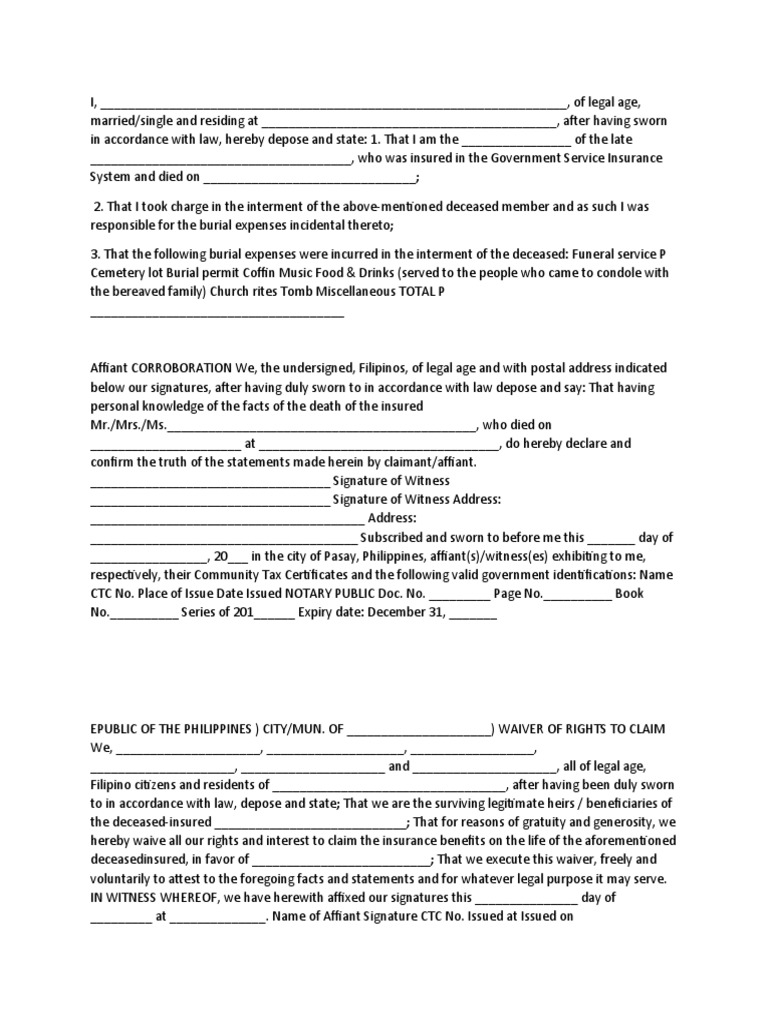 SSS Claims Waiver | PDF | Burial | Affidavit
