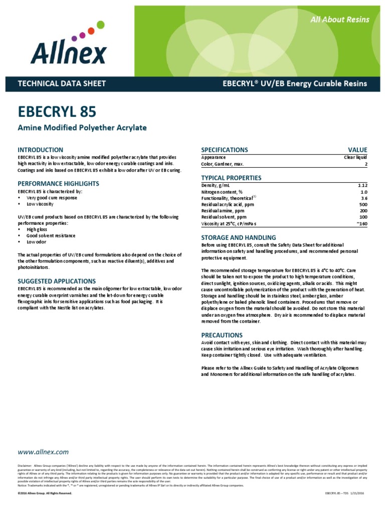 Ebecryl 85: Technical Data Sheet EBECRYL® UV/EB Energy Curable Resins ...