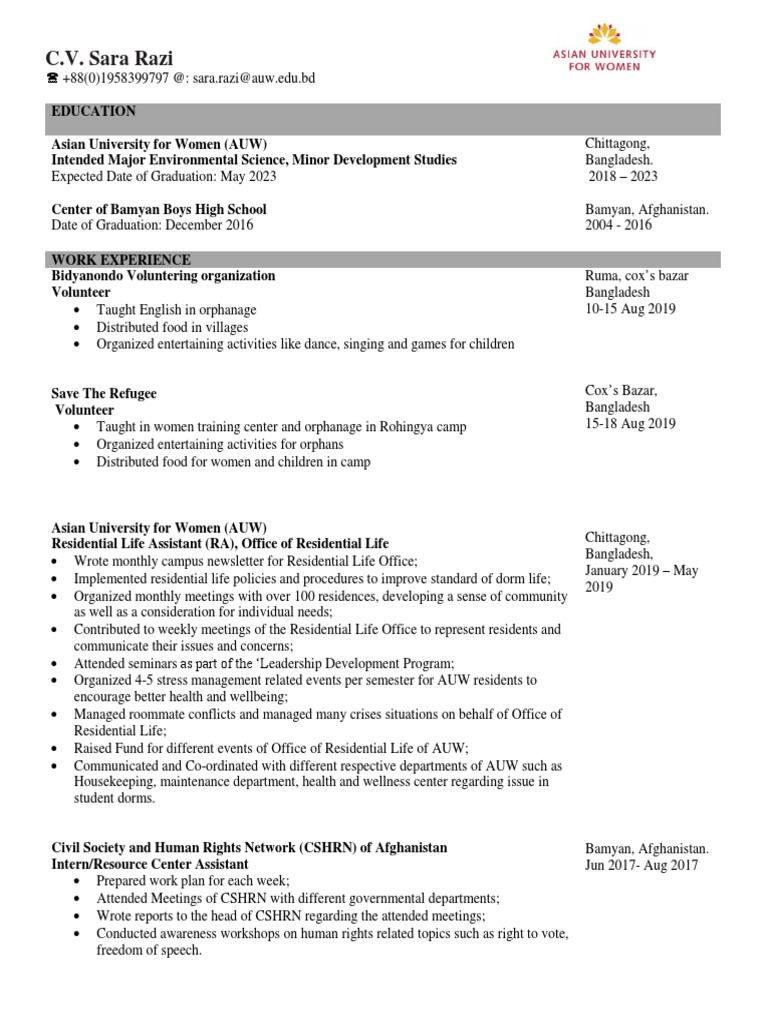 CV - Sara R PDF | PDF | Afghanistan | Behavior Modification