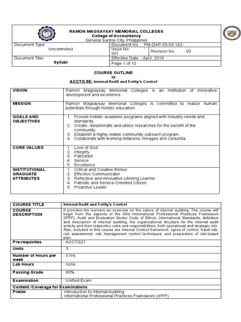 Syllabus for ACCTG 55: Internal Audit and Entity's Control | PDF ...